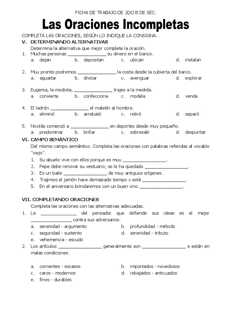 Oraciones Incompletas 2do B | PDF
