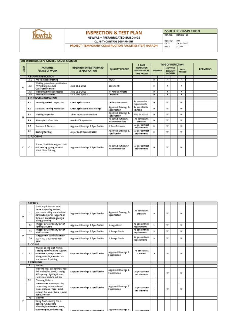Inspection& Test Plan | Download Free PDF | Mechanical Engineering ...
