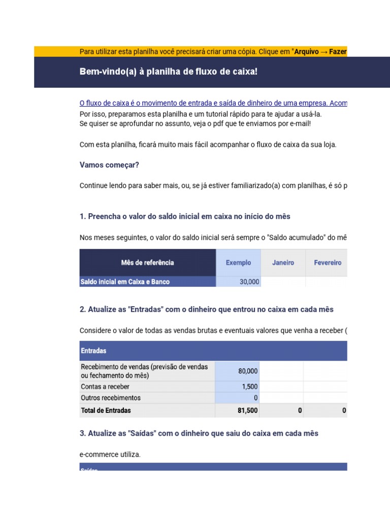 Planilha de Fluxo de Caixa Nuvemshop | PDF | Fluxo de caixa | E-commerce