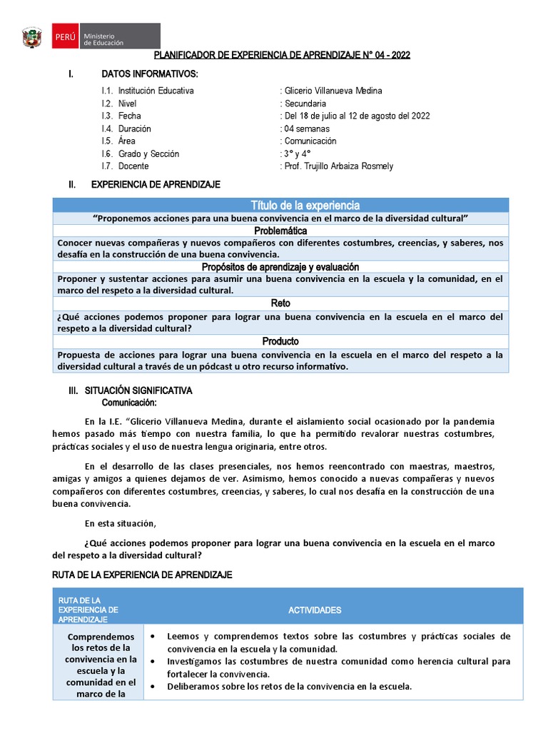 4° Planificador Eda 4 - 2022 | PDF | Salón de clases | Enseñando