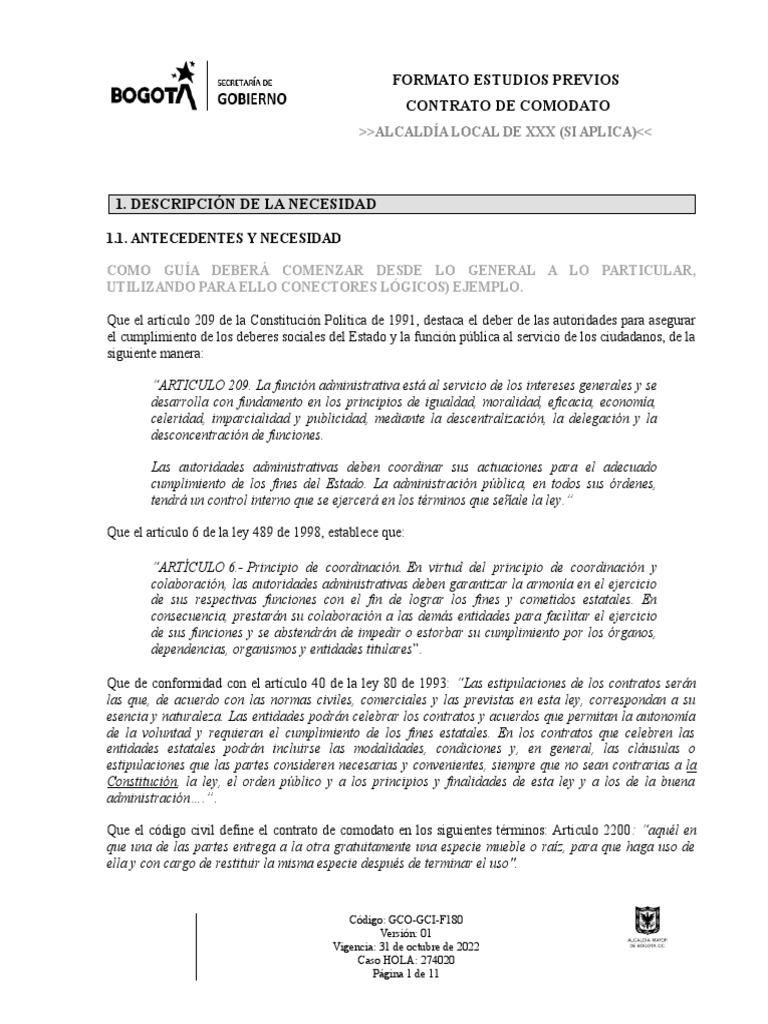 Formato Estudio Previo Comodato | PDF