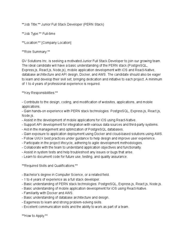 Job Title - Junior Full Stack Developer (PERN Stack) | PDF Job Title - Junior Full Stack Developer (PERN Stack) | PDF