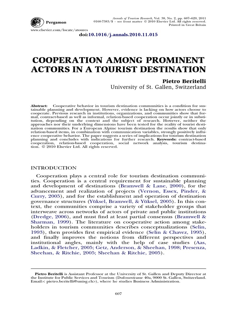 Cooperation Among Prominent Actors In A Tourist Destination Pdf