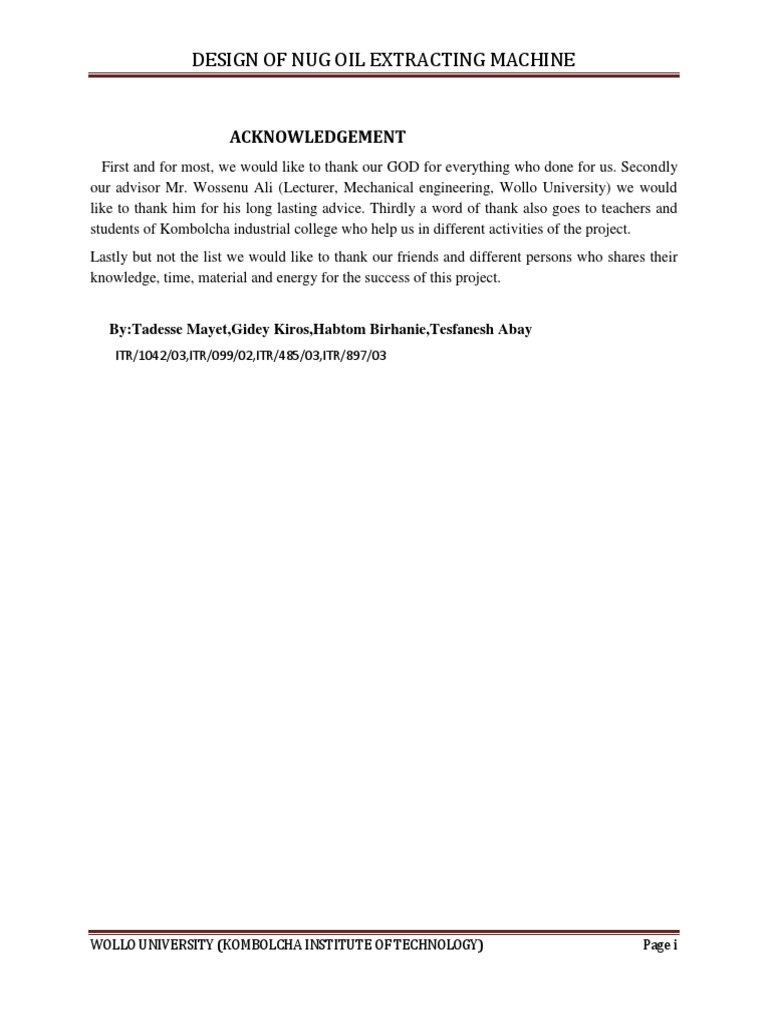 Design of Nug Oil Extracting Machine: Acknowledgement | PDF | Bearing ...