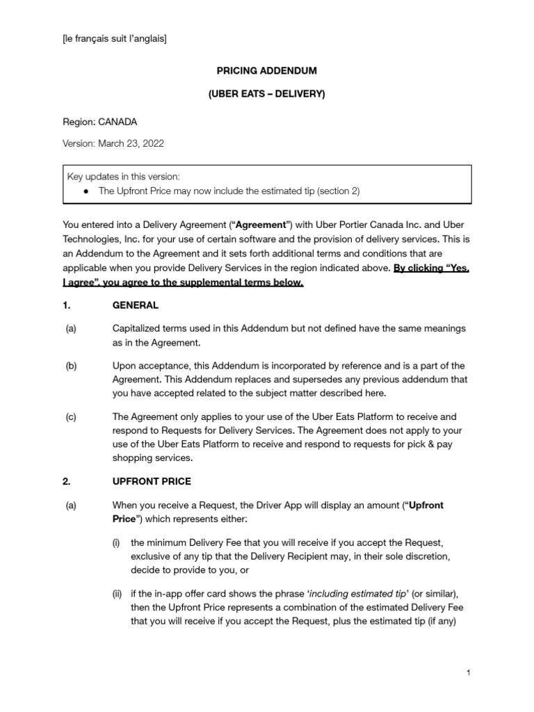 Pricing Addendum (Uber Eats - Delivery) | PDF | Fee
