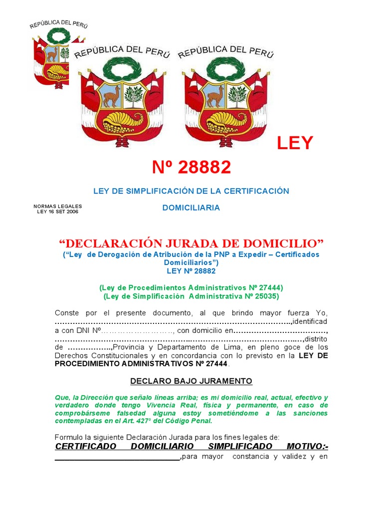 Certificado Domiciliario LEY N º 28882 - Domicilioooooo - Formato Vacio | PDF