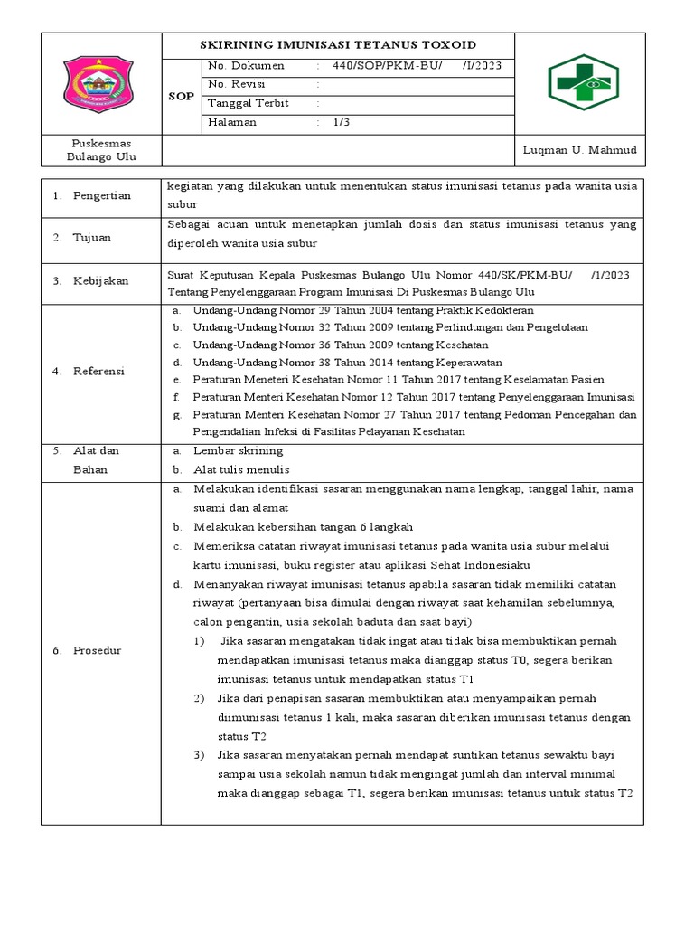 Sop Skrining Imunisasi TT Wus | PDF