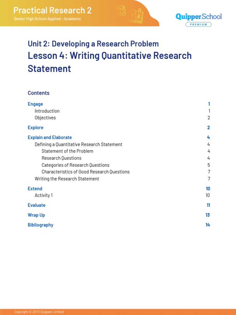 FINAL (SG) - PR2 11 - 12 - UNIT 2 - LESSON 4 - Writing Quantitative Research Statement | PDF ...