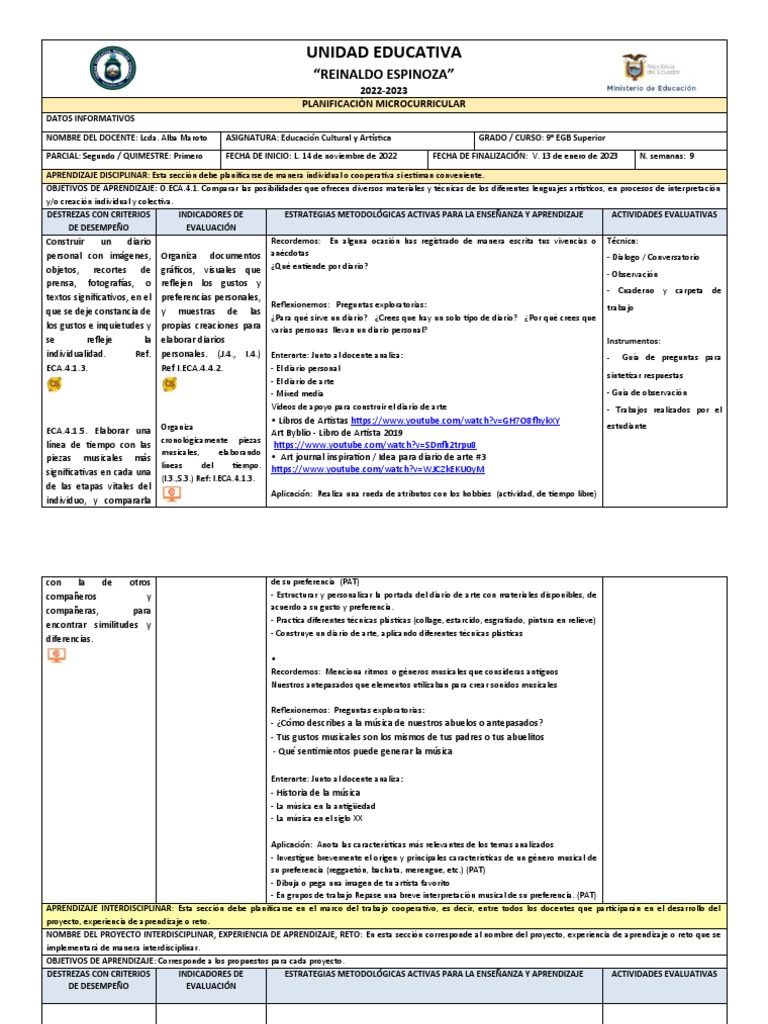 Planificación Micro B. Superior 9no | PDF | Aprendizaje | Evaluación