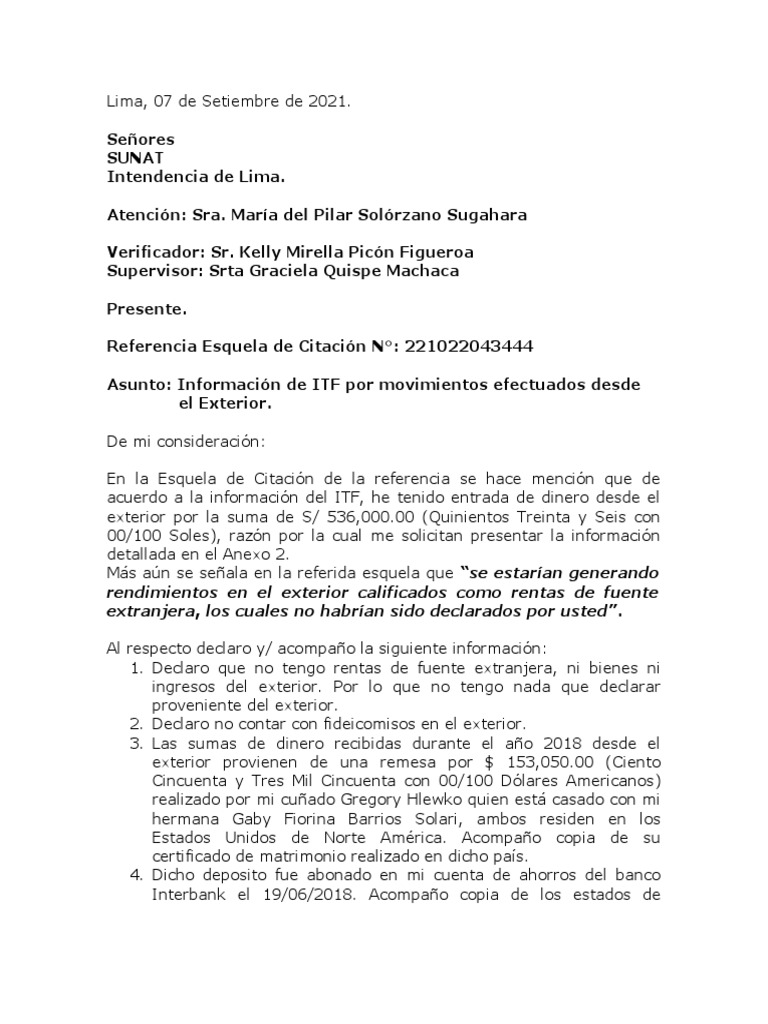 Sergio Barrios Carta Respuesta SUNAT | PDF