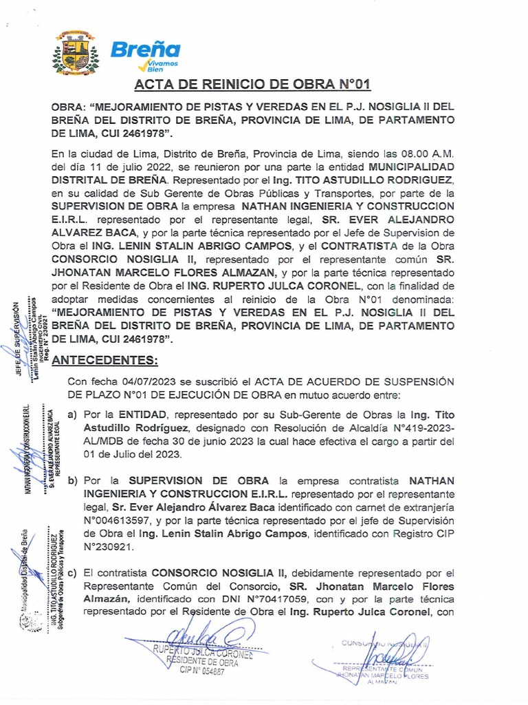ACTA DE REINICIO DE OBRA N°01 - NOSIGLIA | PDF