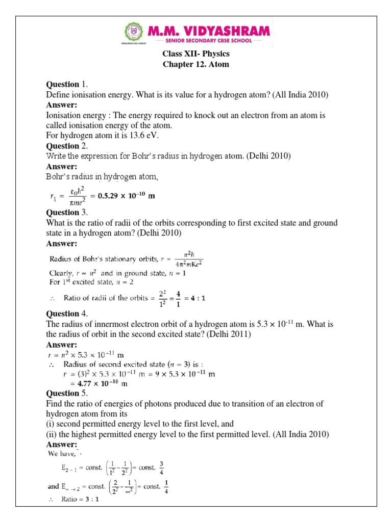 Class XII Physics - Chapt 12 Atom | PDF | Emission Spectrum | Electron
