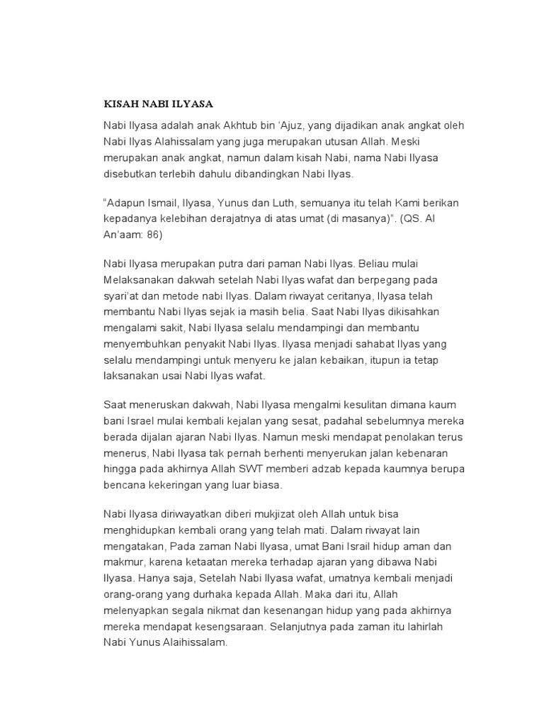 Kisah Nabi Ilyasa: Dari Lahir hingga Wafat | PDF