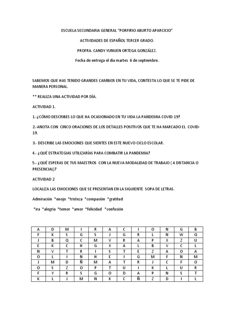 Actividades de Español Tercer Grado Primera Semana | PDF