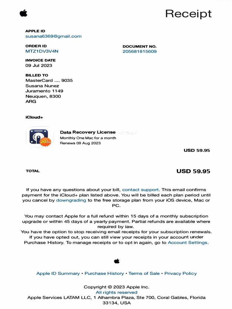 APPLE INVOICE Data Recovery Monthly Plan MTZ1 DV3V4N | PDF