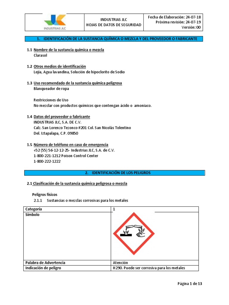 PARTIDA 2.6 Hoja de Seguridad Clarasol | Descargar gratis PDF | Amonio | Blanqueador