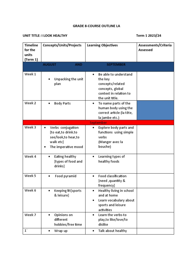 GRADE 8 Course Outline Term 1 French 1 | Download Free PDF | Semantic ...