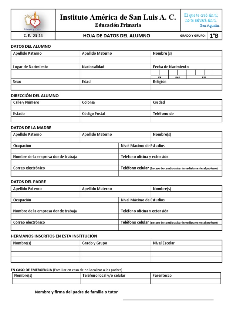 Hoja de Datos Del Alumno 2023-2024 | PDF