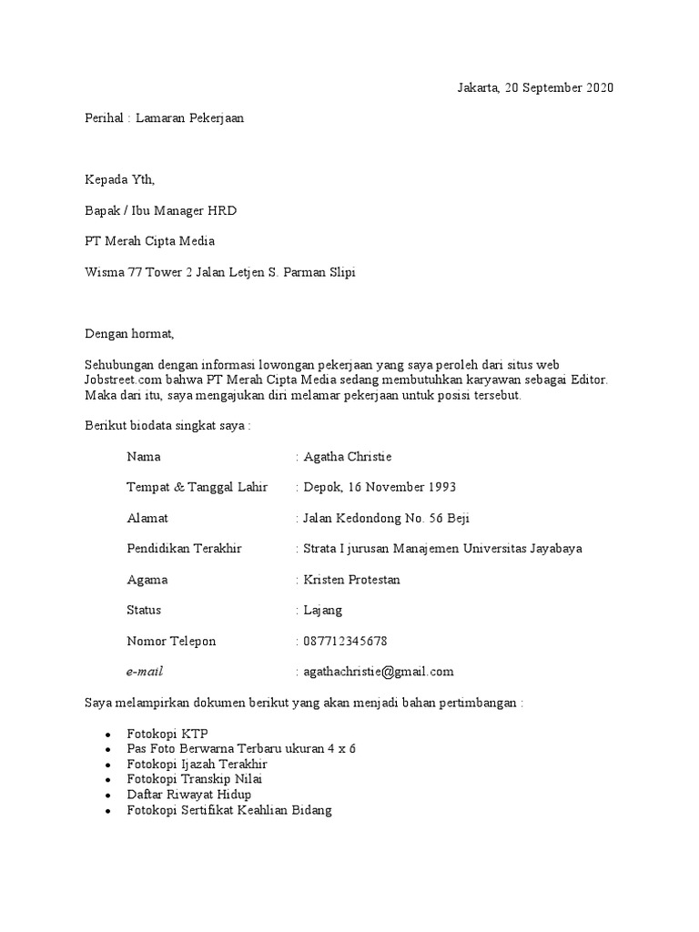 Contoh Surat Lamaran Kerja Editor | PDF