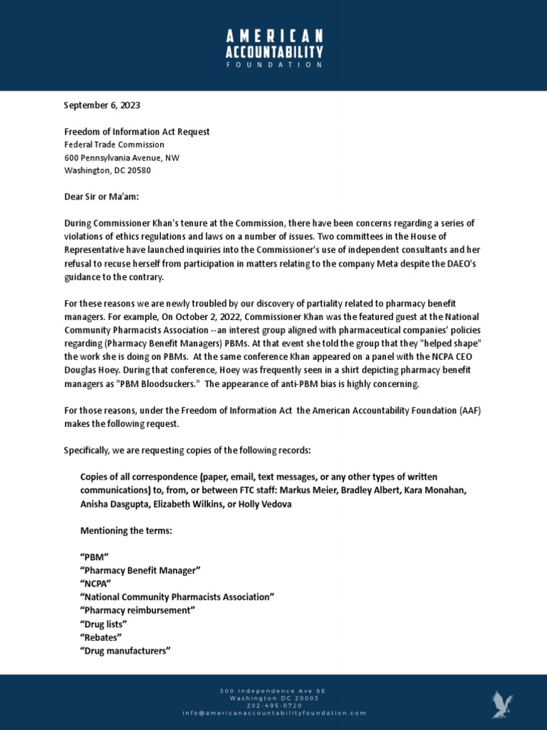 FTC FOIA Request on PBM Ethics Concerns | PDF | Pharmacy | Federal Trade Commission