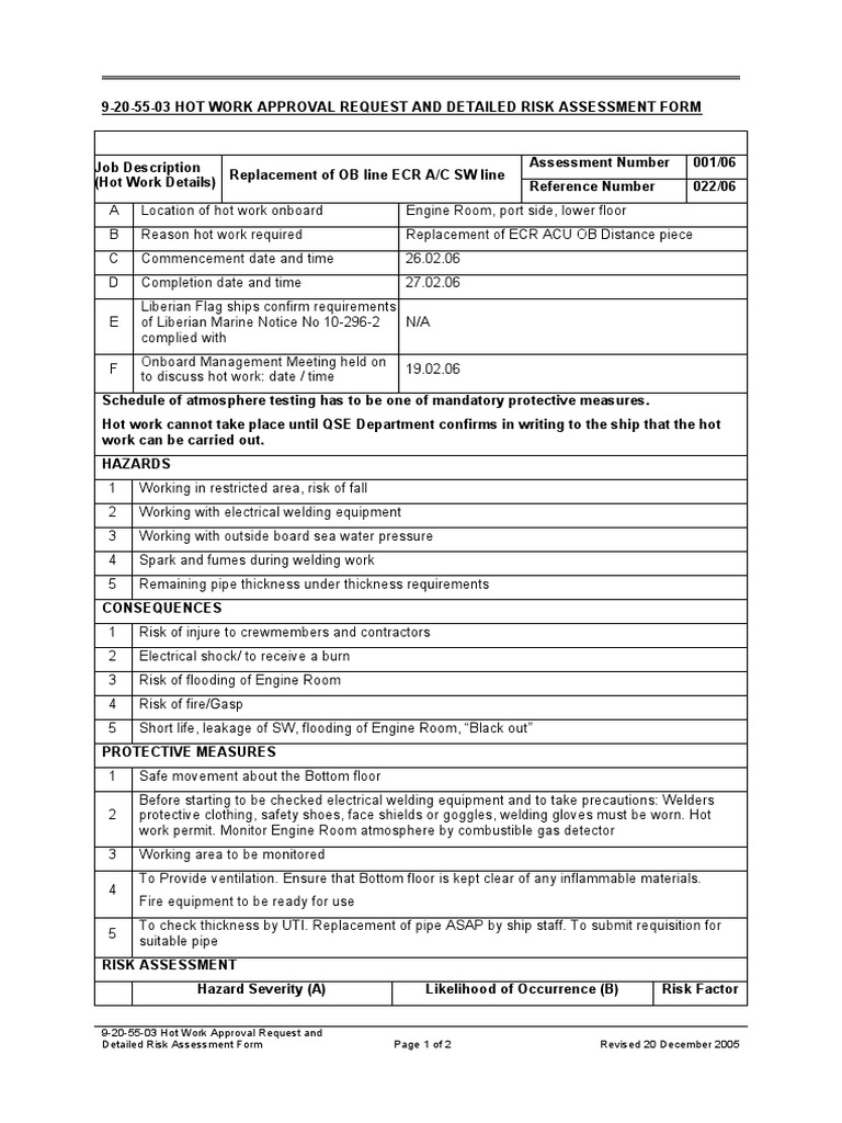 Hot Work Approval Request and Detailed Risk Assessment 001.0 | Download ...