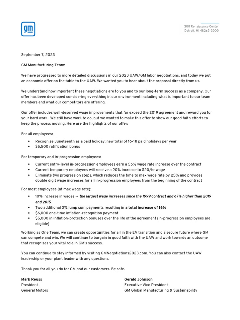 GM UAW Contract Offer Highlights 2023 | PDF | Employment | General Motors
