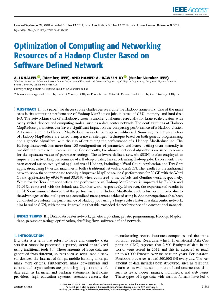 Optimization Of Computing And Networking Resources Of A Hadoop Cluster Based On Software Defined