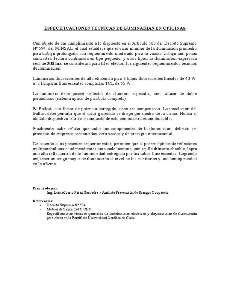 Especificaciones Tecnicas de Luminarias en Oficinas | PDF