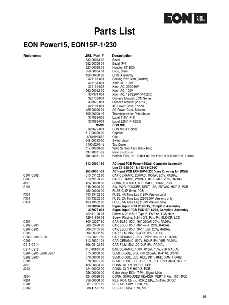 EON Power 15 - 15P-1 Parts List | PDF | Electronic Engineering | Electronics