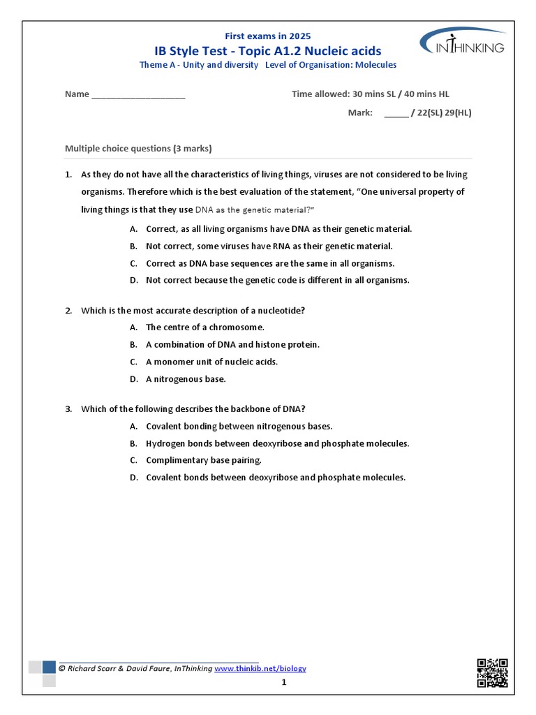 A1.2 2025 Topic Test v3 | PDF | Dna | Nucleic Acids