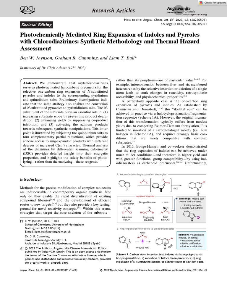 Angew Chem Int Ed - 2023 - Joynson - Photochemically Mediated Ring Expansion of Indoles and ...