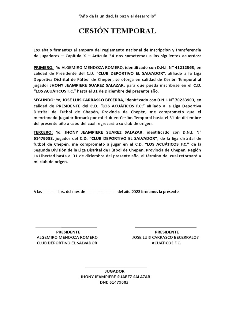 Cesión Temporal - Carta Pase | PDF | Asociación de Futbol