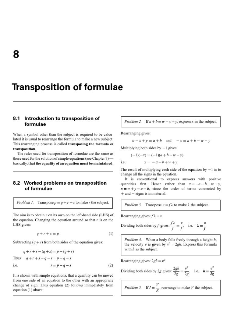 Transposition of Formulae | PDF | Equations | Mathematical Objects