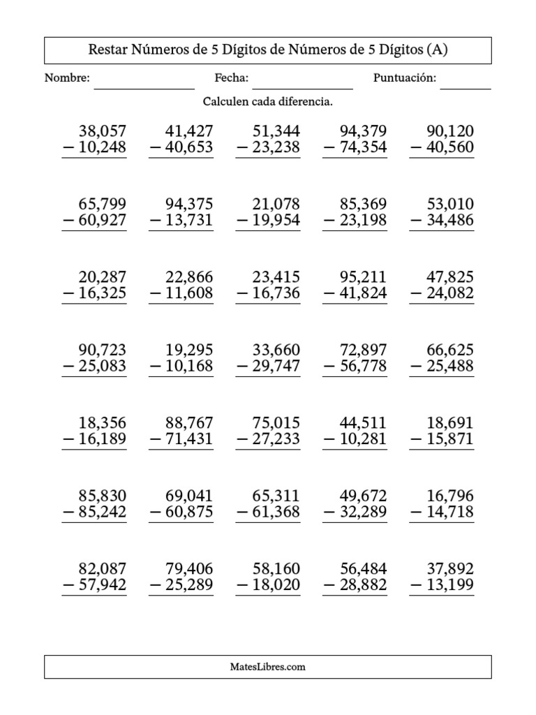 Restar Números de 5 Dígitos de Números de 5 Dígitos (A) : Nombre: Fecha: Puntuación: Calculen ...