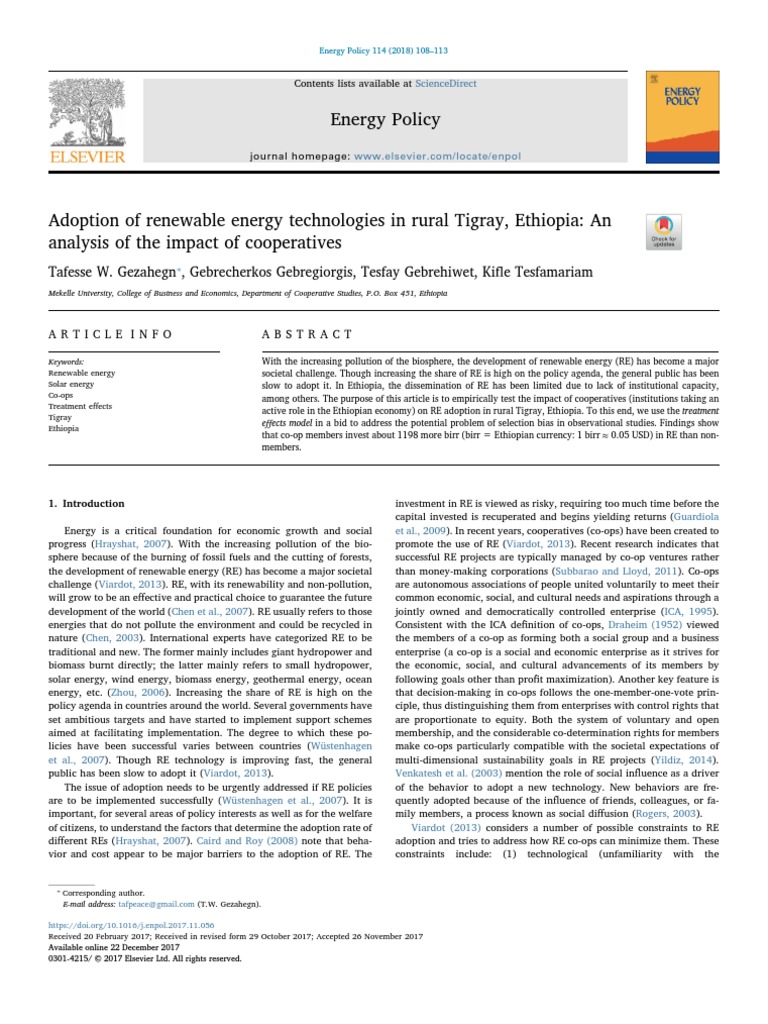 Adoption of Renewable Energy Technologies in Rural Tigray, Ethiopia ...