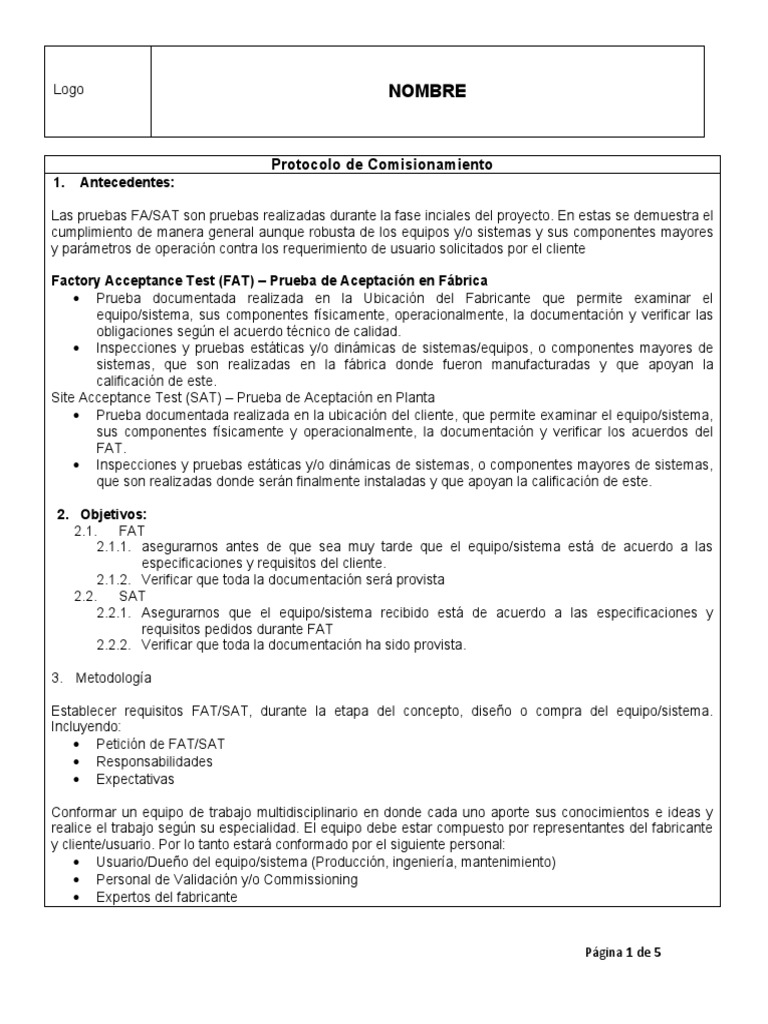 Protocolo de Comisionamiento EJEMPLO DOSIFICADORA | PDF