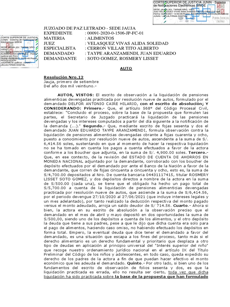 Exp. 00091-2020-0-1506-JP-FC-01 - Resolución - 04983-2021 | PDF | Demanda judicial | Liquidación