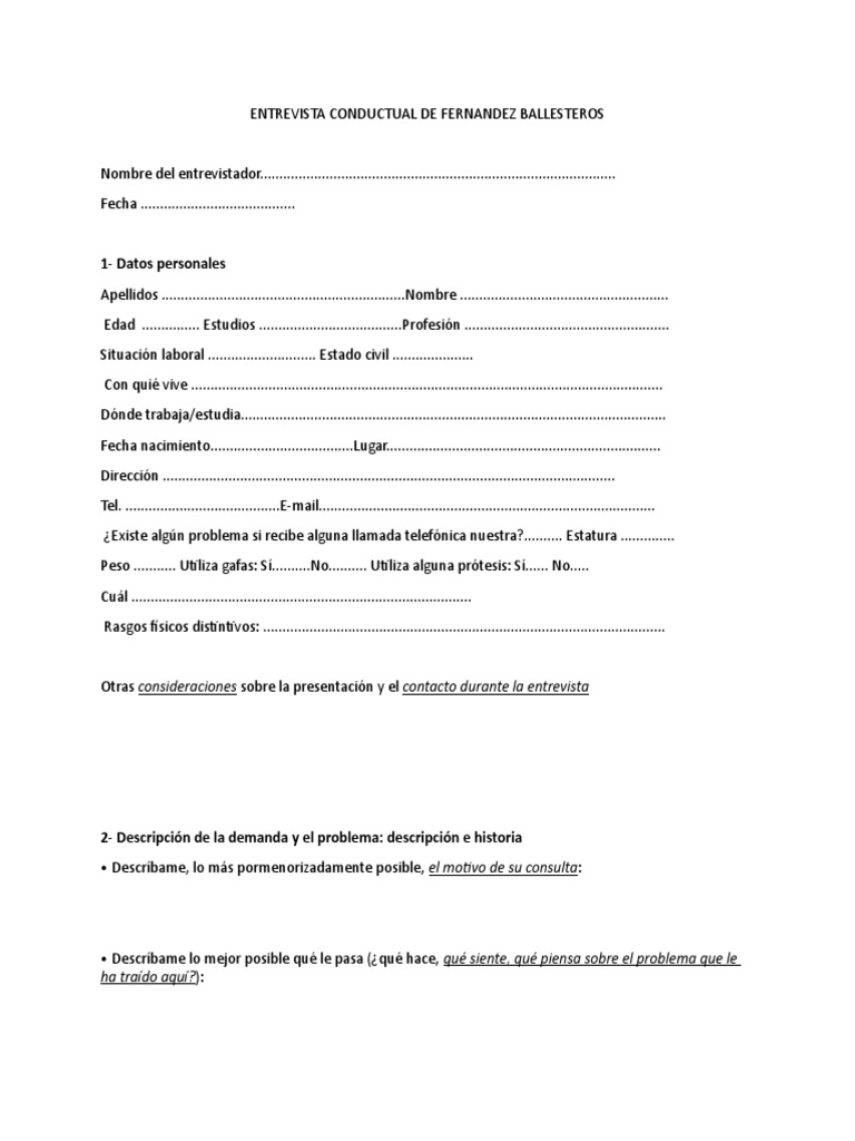 Entrevista Conductual Fernandez Ballesteros Word | PDF | Juventud ...
