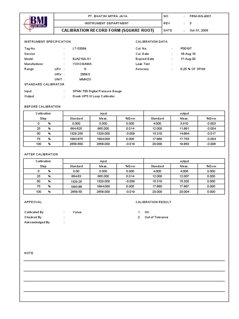 FRM INS 4001 Calibration Record Form Square Root | Download Free PDF | Calibration | Metrology