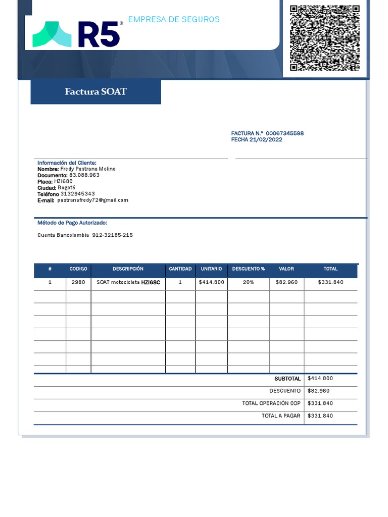 Factura Soat Hzi68c r5 | PDF