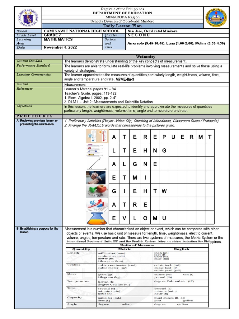 Aterepuermt Ltehng Algne Etmi Giehtw Atre Evlomu: Daily Lesson Plan ...