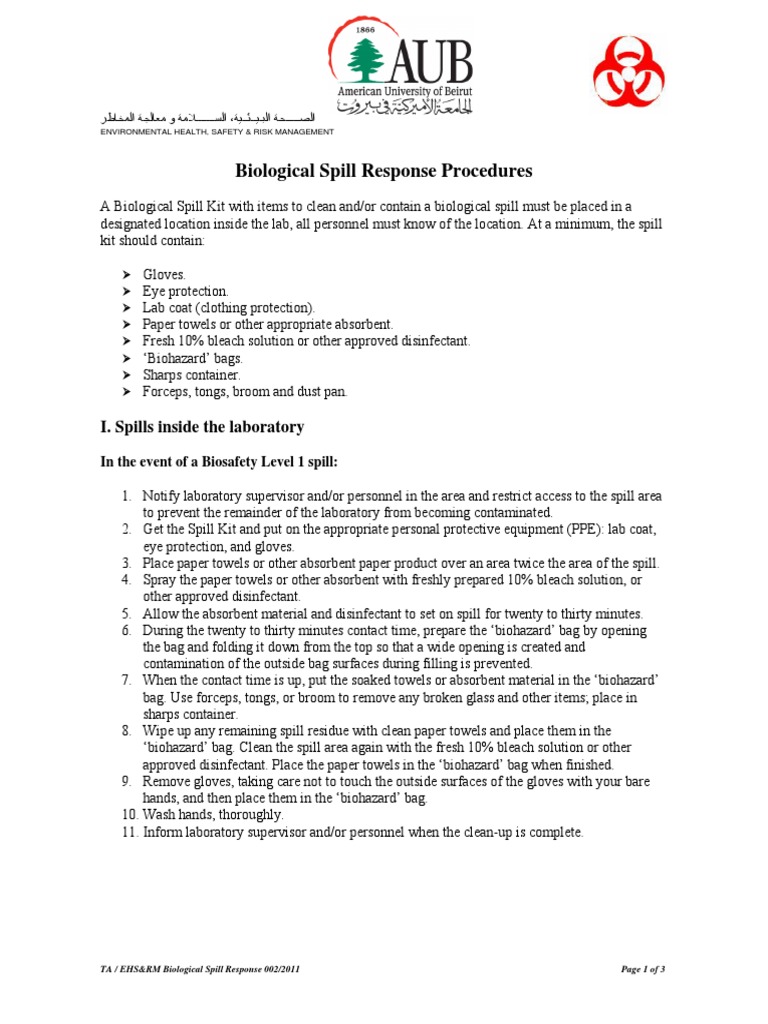 Biological Spill Response Procedures | PDF | Disinfectant | Laboratories