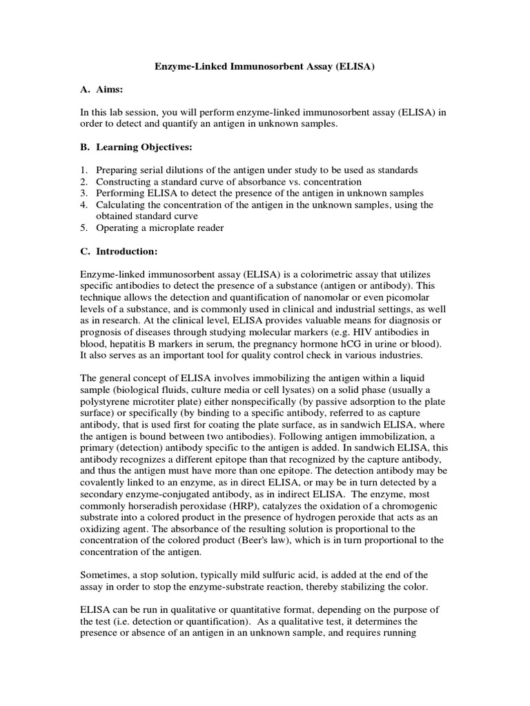 Enzyme Linked Immunosorbent Assay Elisa Pdf Elisa Chemistry