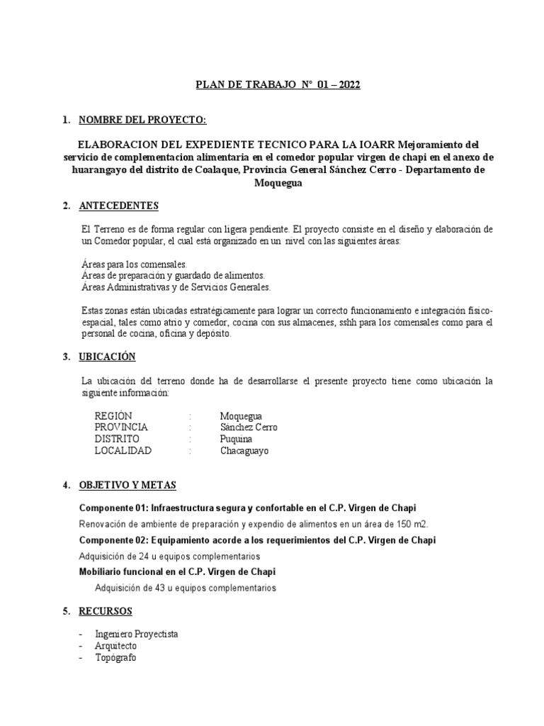 Plan de Trabajo Comedor | PDF