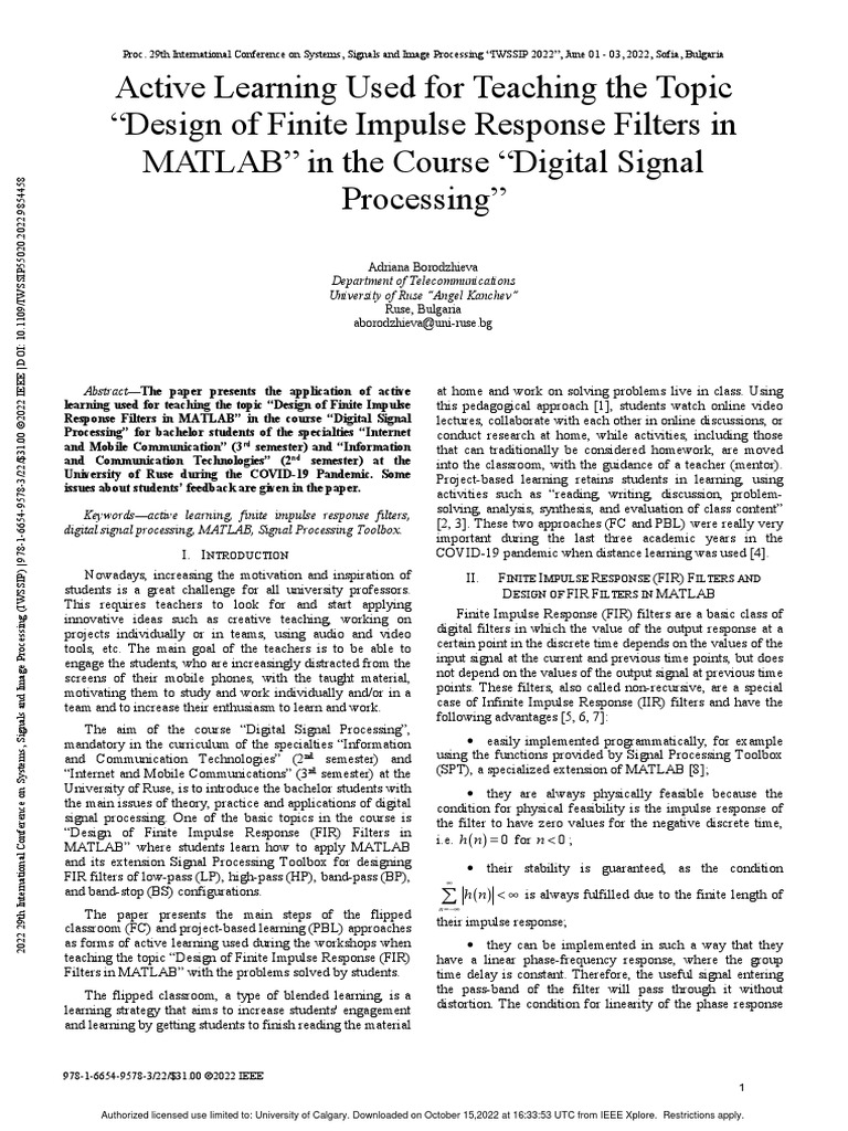 Active Learning Used For Teaching The Topic Design Of Finite Impulse Response Filters In Matlab