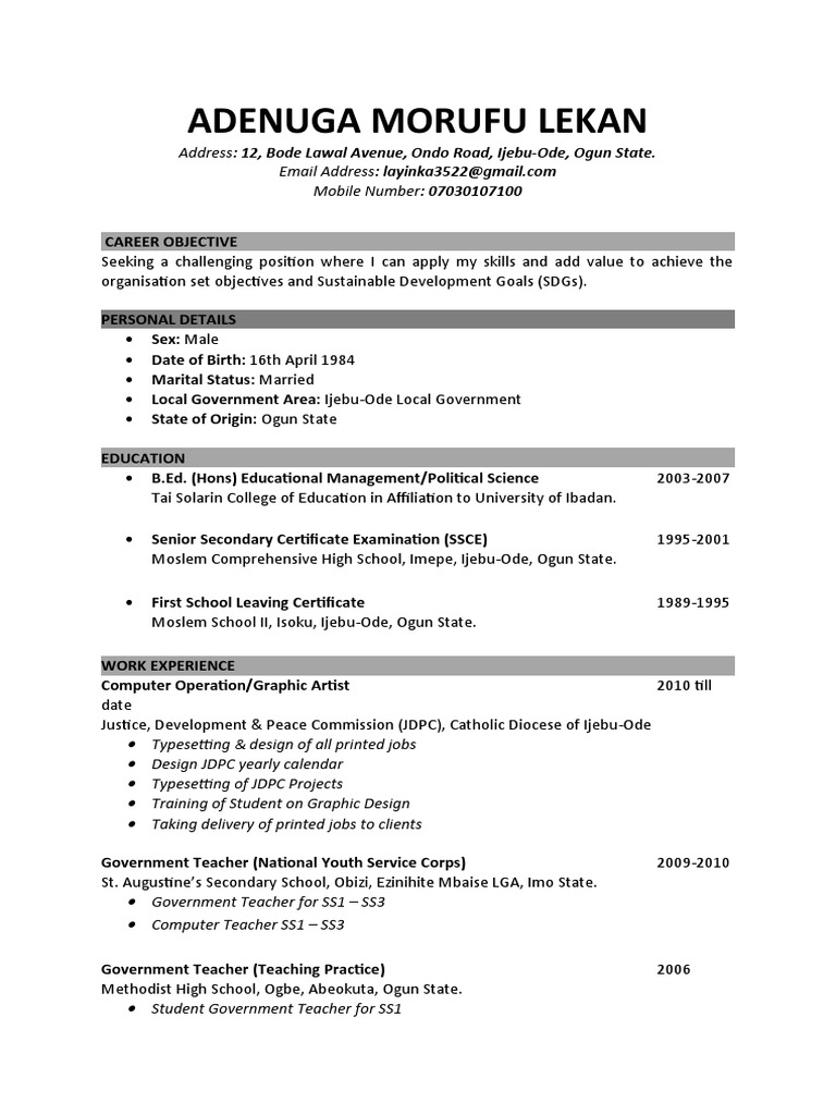 Adenuga Moruf CV 2019 | PDF | Teachers