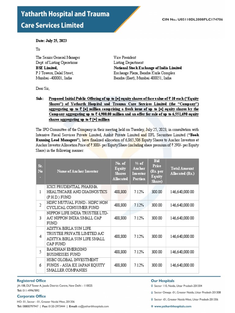 Anchor Intimation Letter | PDF | Stocks | Securities (Finance)