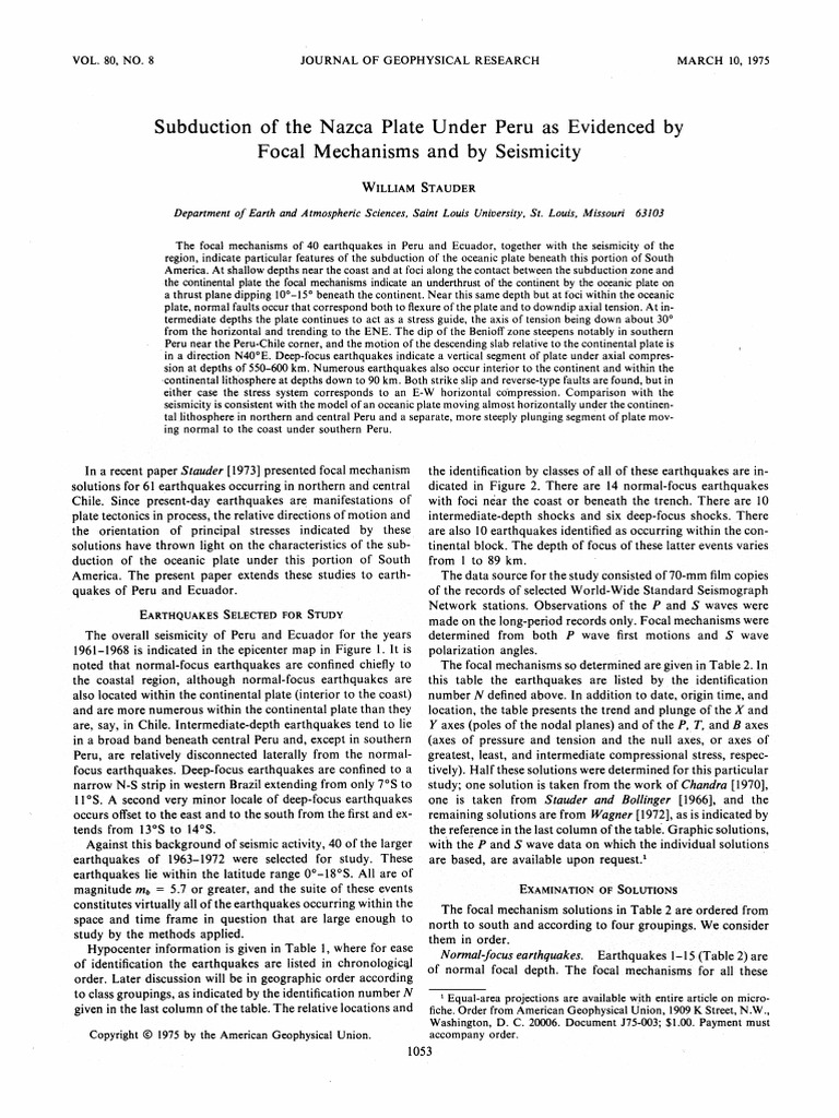 Stauder - Subduction of The Nazca Plate Under Peru As Evidenced by ...