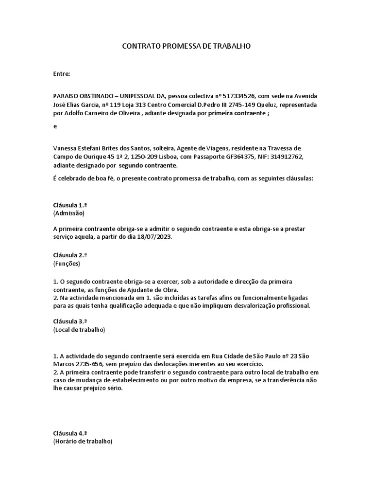 CONTRATO PROMESSA DE TRABALHO Vanessa | PDF | Férias trabalhistas | Direito Privado