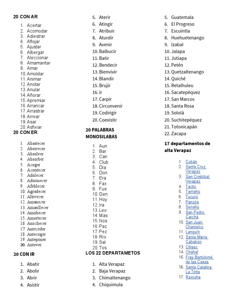 20 Palabras con Ar, Er e Ir | PDF